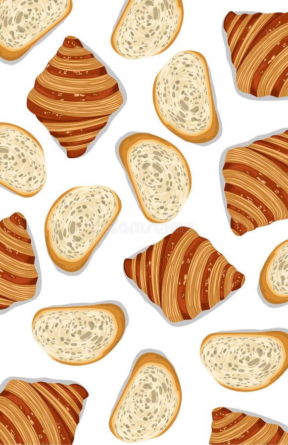 Dry Croissants and Delicious Slices Pattern on White Background. Bread ...