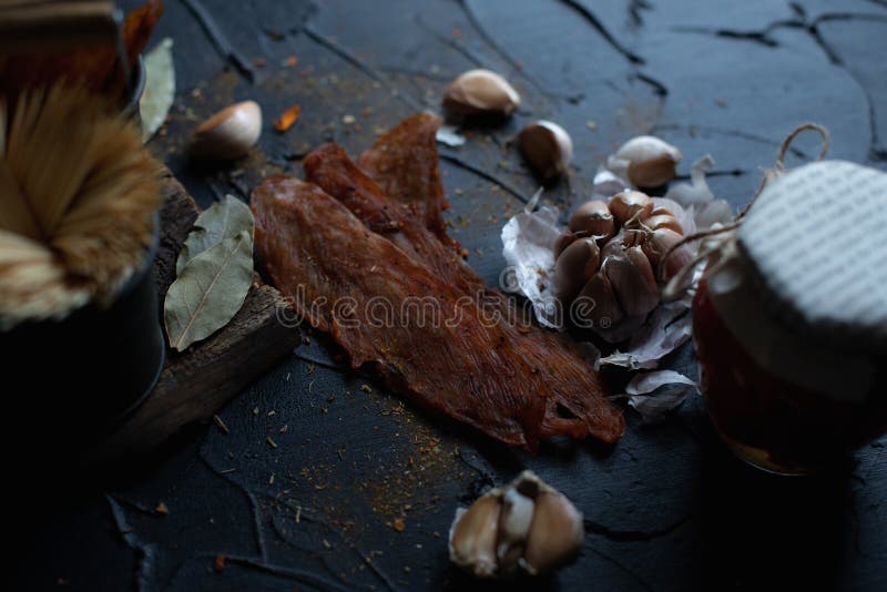 Dry, Cured Chicken Meat, Jerky with Spices and Garlic Taste Stock Image ...