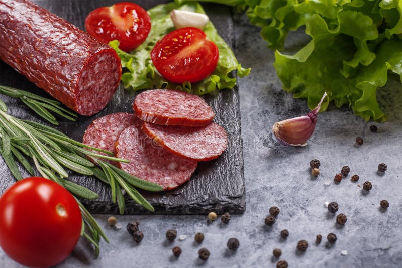 Dry-cured Sausage with Spices, Garlic Herbs Stock Photo - Image of ...