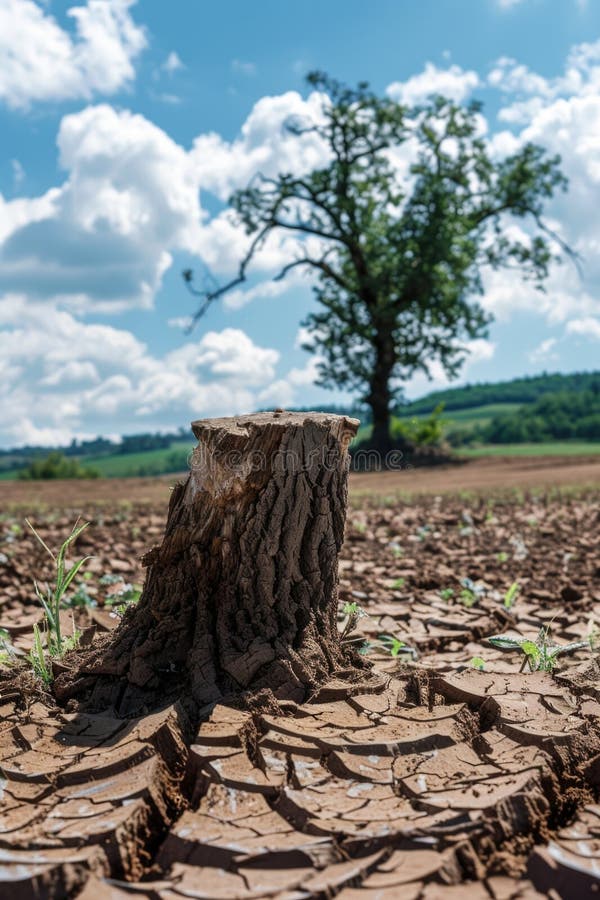Dry field with tree stump stock photo. Image of land - 374847618