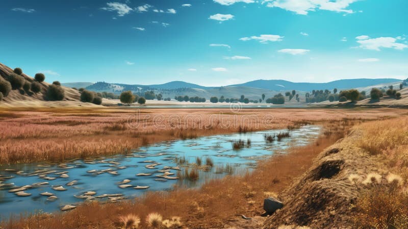 Dry Fields in a Drought Landscape with an almost Empty River and a Blue ...