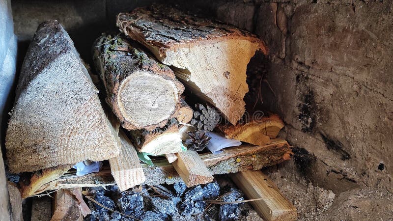 Dry Firewood in the Fireplace without Flame Stock Photo - Image of ...