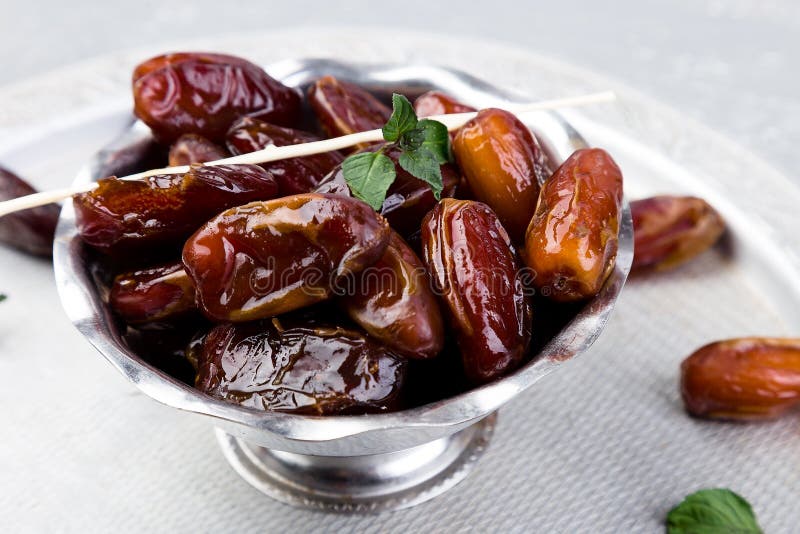 Dry Fruit Dates on Silver Tray. Copy Space. Close Up. Stock Image ...