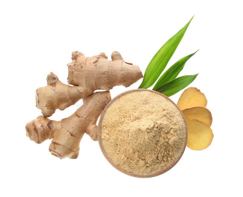 Dry Ginger Powder, Fresh Root and Leaves Isolated on White, Top View ...