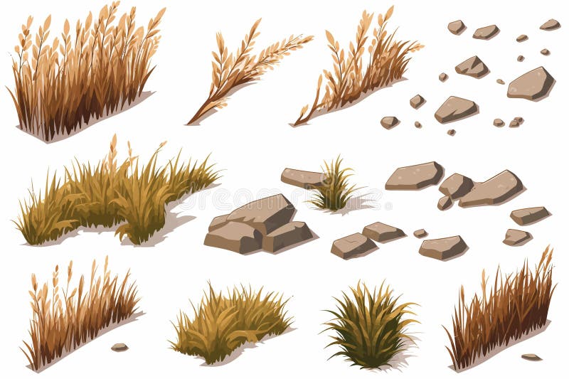 Dry Grass Patches Set Isometric Vector Flat Isolated Vector Style ...