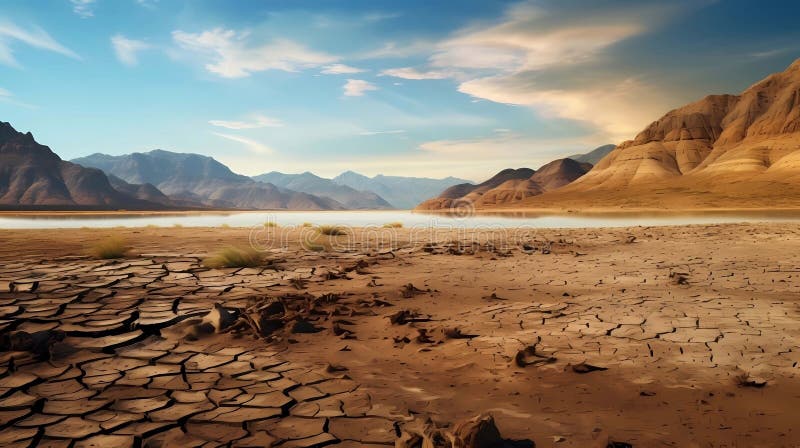 Dry Lake and Mountains at Sunset, Generative AI Illustrations Stock ...