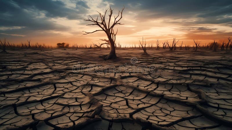 Dry Land with Dead Tree at Sunset, Global Warming and Climate Change ...