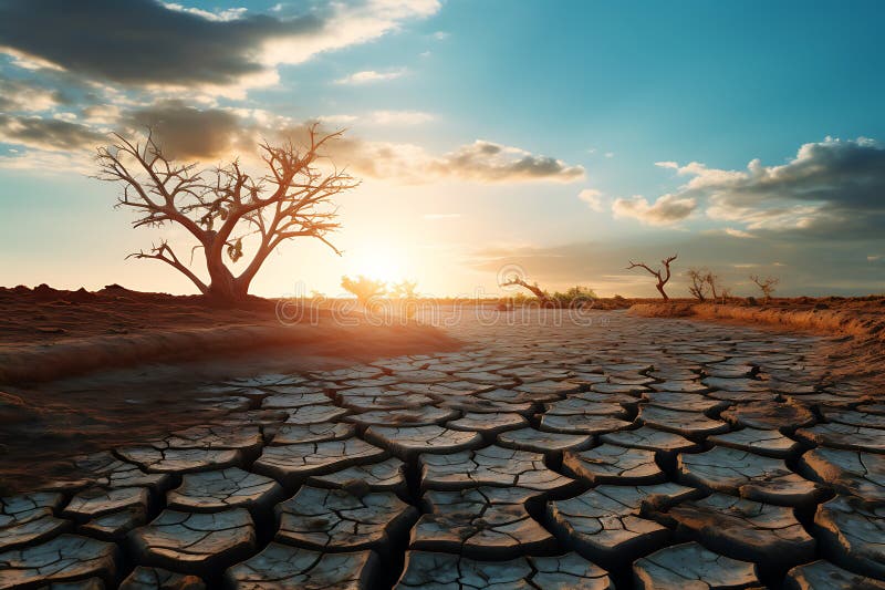 Dry Land and Dead Tree at Sunset. Global Warming Concept Stock ...
