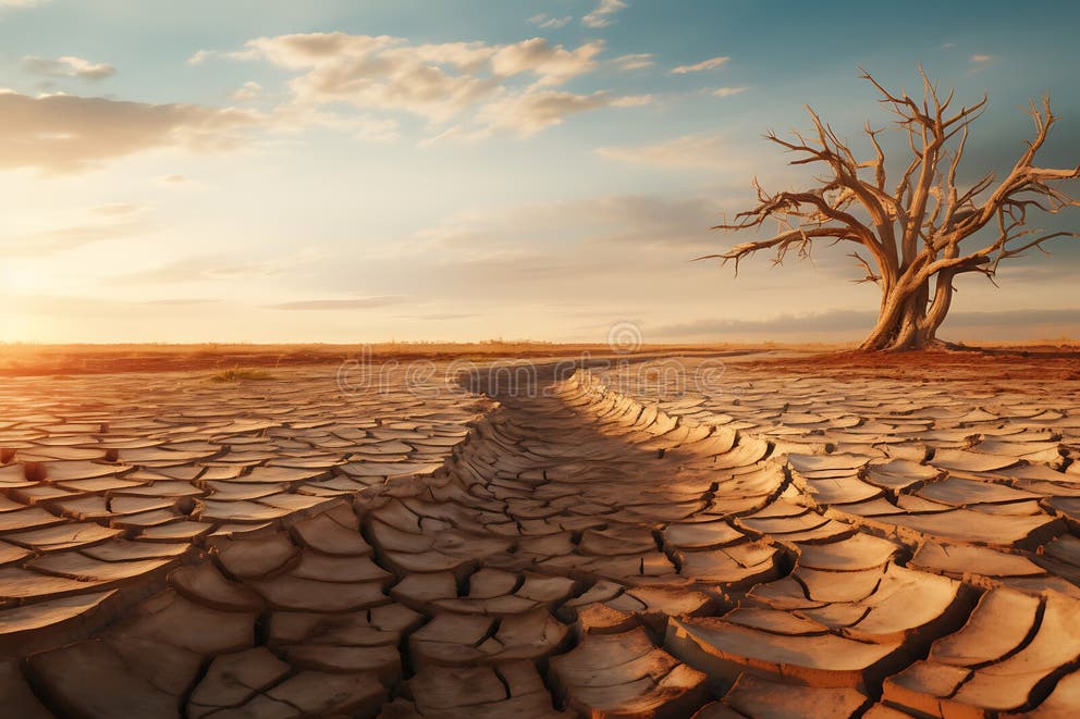 Dry Land and Dead Tree at Sunset. Global Warming Concept Stock ...