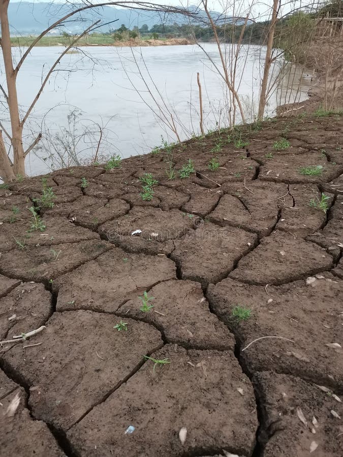 Dry Land with Riverside View by Global Warming on Background Stock ...