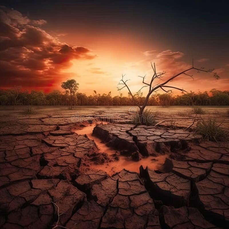 Dry Land with Dry Tree at Sunset, Concept of Climate Change Stock ...