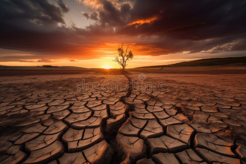 Dry Land with Tree at Sunset. Global Warming, Climate Change Concept ...