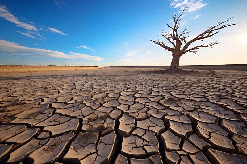 Dry Land with Dry Tree at Sunset. Global Warming Concept Stock ...