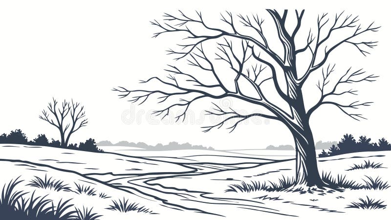 Dry Landscape with Bare Tree and Distant Hills Illustration, Harsh ...