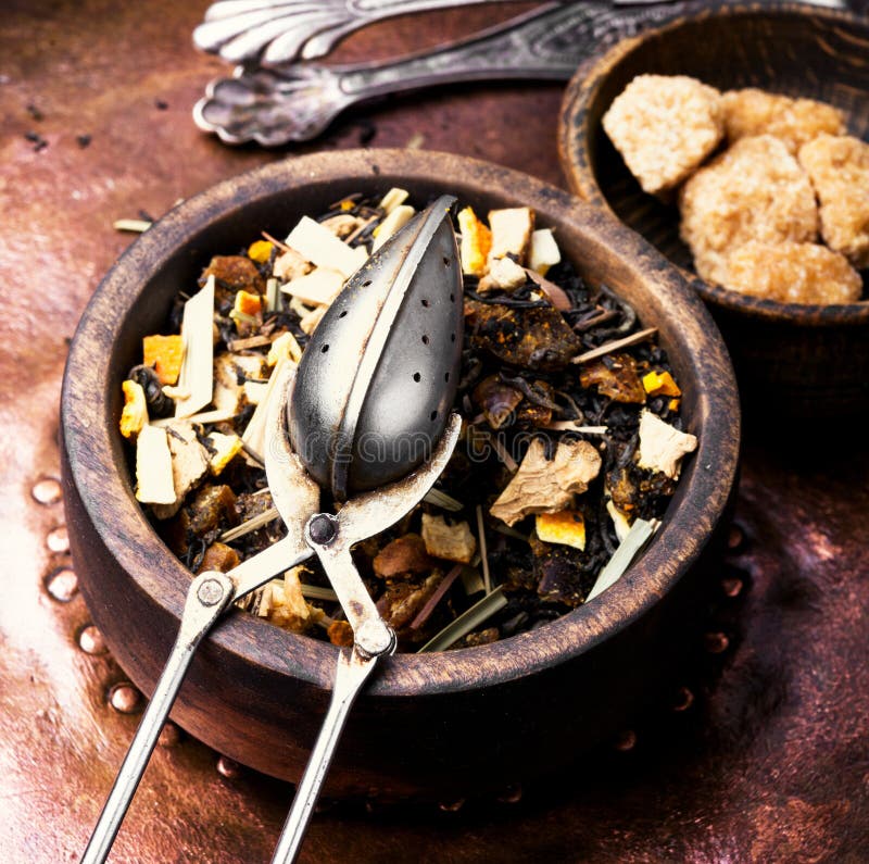 Dry leaves of fruit tea stock photo. Image of spoon - 108873194