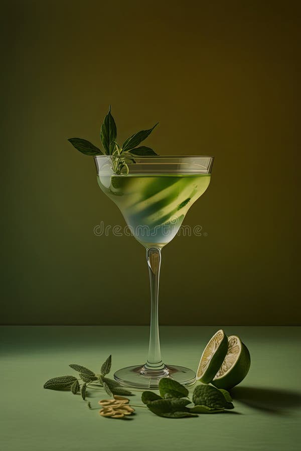 Dry Martini With Lime On Sage Green Background Illustration Ai Generative Stock Illustration