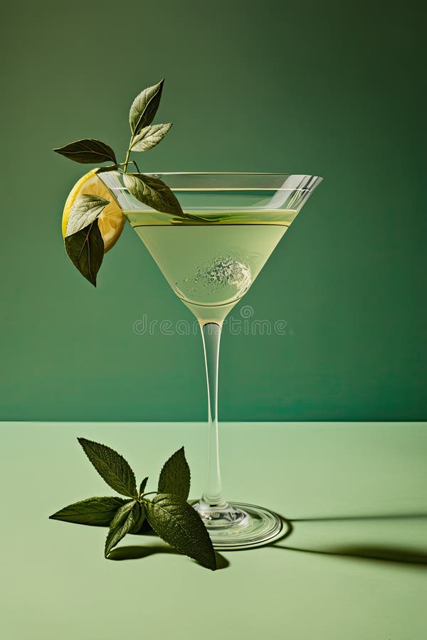 Dry Martini With Lime On Sage Green Background Illustration Ai Generative Stock Illustration