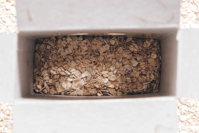 Dry Oatmeal in a Paper Box. Top View Stock Image - Image of grain, food ...