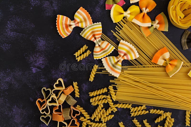 Dry Pasta Background. Different Pasta on Dark Background. Flat Lay ...