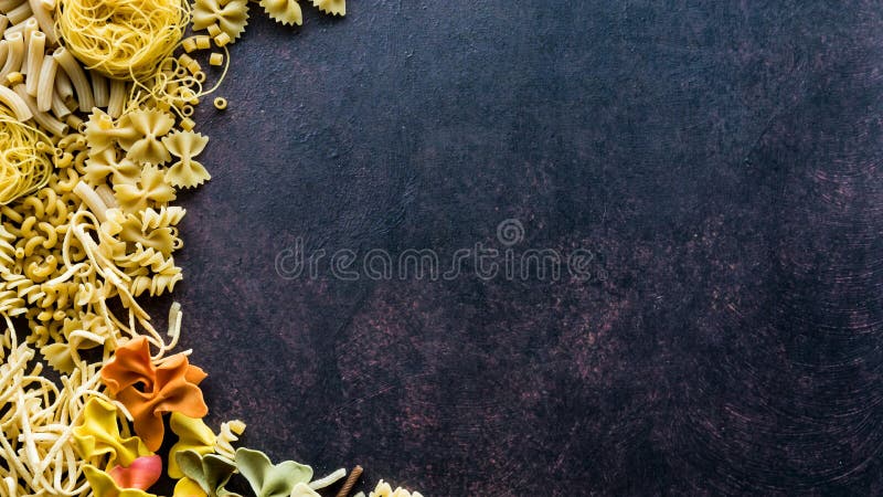 Dry Pasta Shapes Forming a Left Side Border with Copy Space To the ...