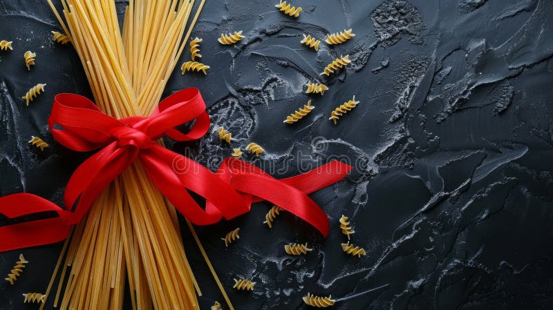 Dry Pasta Spaghetti with Red Ribbon Over Black Textured Background ...