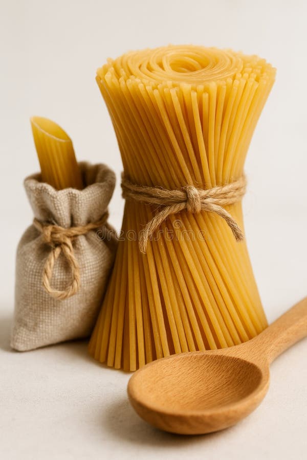 Dry Pasta Stacked with a Wooden Spoon and a Fabric Bag in a Bright ...