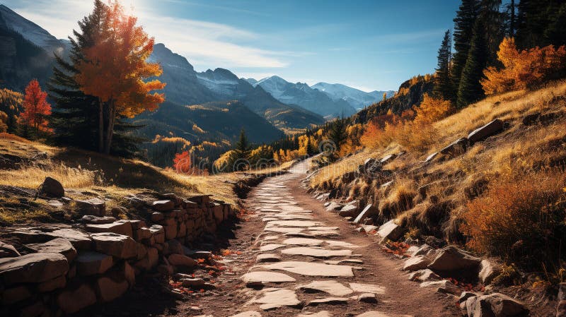 Dry Path of Mountains Autumn Trees Under Blue Sky Stock Illustration ...