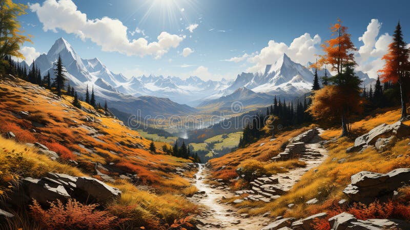 Dry Path of Mountains Autumn Trees Under Blue Sky Stock Illustration ...