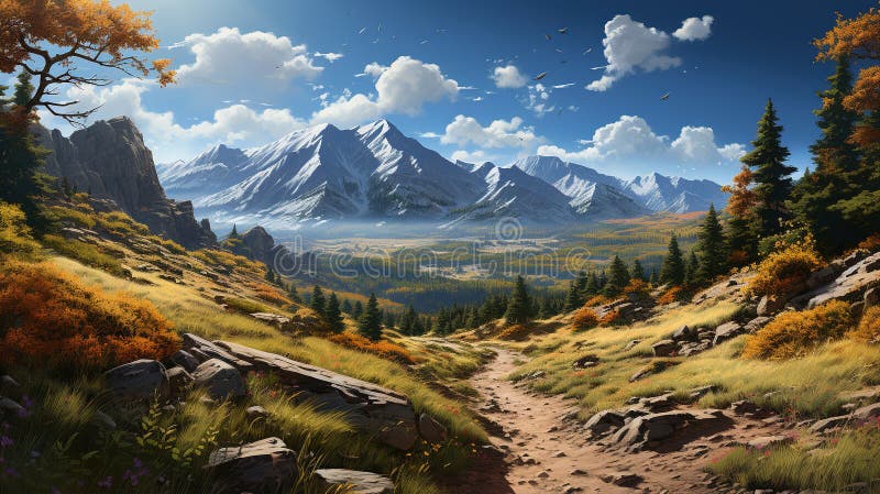 Dry Path of Mountains Autumn Trees Under Blue Sky Stock Illustration ...