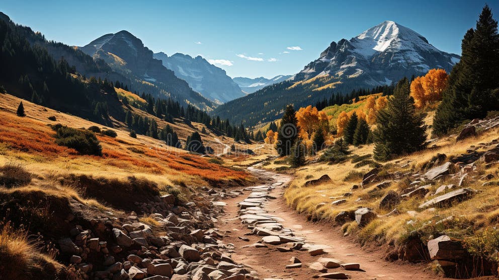 Dry Path of Mountains Autumn Trees Under Blue Sky Stock Illustration ...