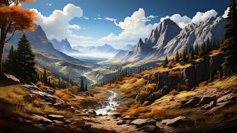 Dry Path of Mountains Autumn Trees Under Blue Sky Stock Illustration ...