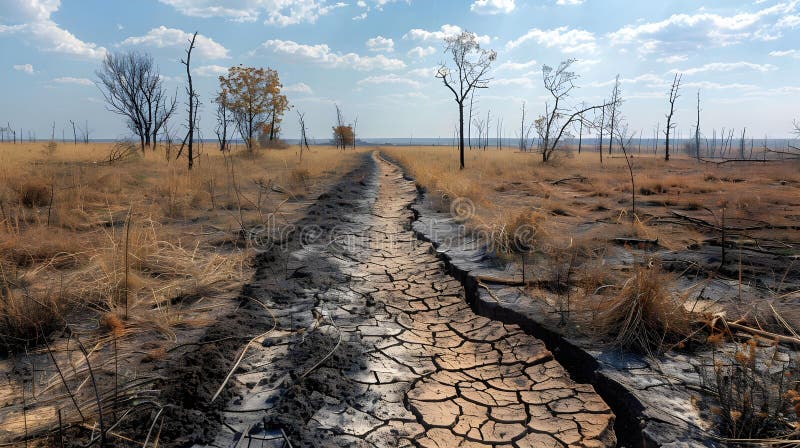 Dry Pathway Amidst Scorched Earth. Concept Desolate Landscape, Arid ...