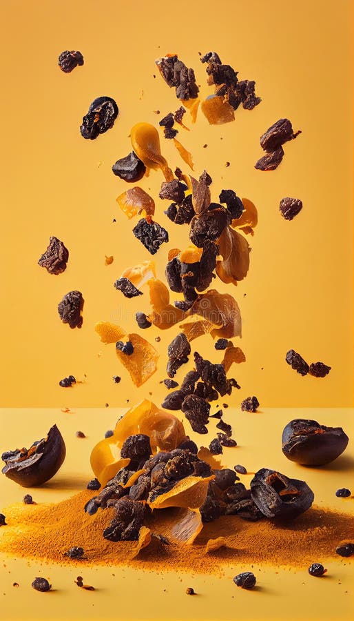 Dry Prunes Creatively Falling-Dripping Flying or Splashing on Yellow ...