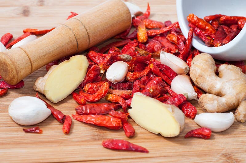 Dry Red Pepper,ginger and Garlic Stock Image - Image of asian, chopping ...