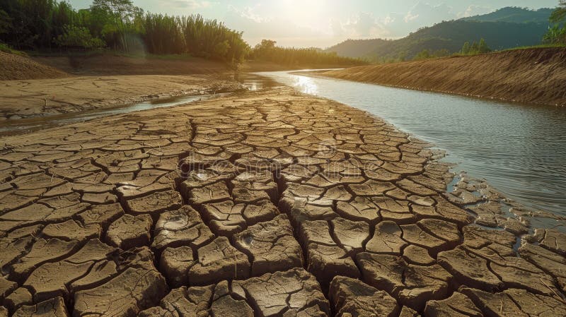 Dry Riverbed Depicting Cracked Earth and Scant Water, Emphasizing ...