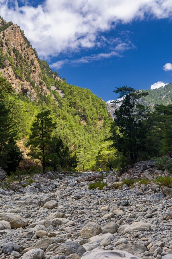 Dry Riverbed and Towering Cliffs in a Huge Natural Gorge Samaria Gorge ...