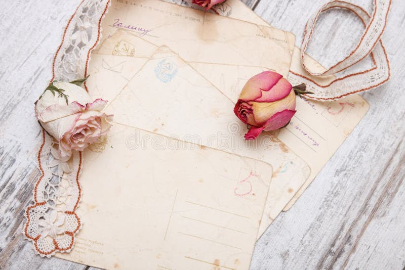 Old Letters and Dry Rose Flower. Vintage Postcards and Envelopes Stock ...