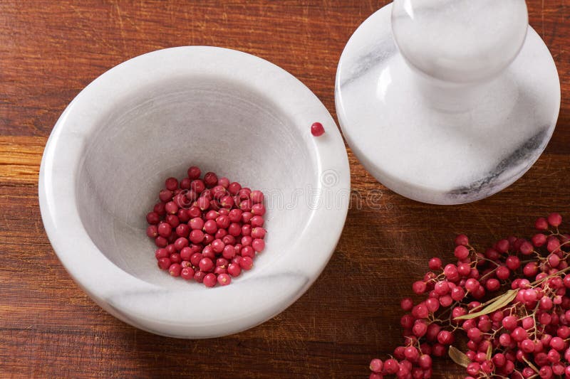 Dry Rose Pepper in White Marble Mortar Next Pestle Stock Image - Image ...