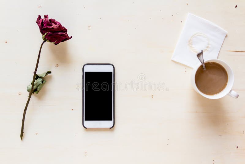 Dry Rose with Phone and Coffee Stock Image - Image of events, love ...