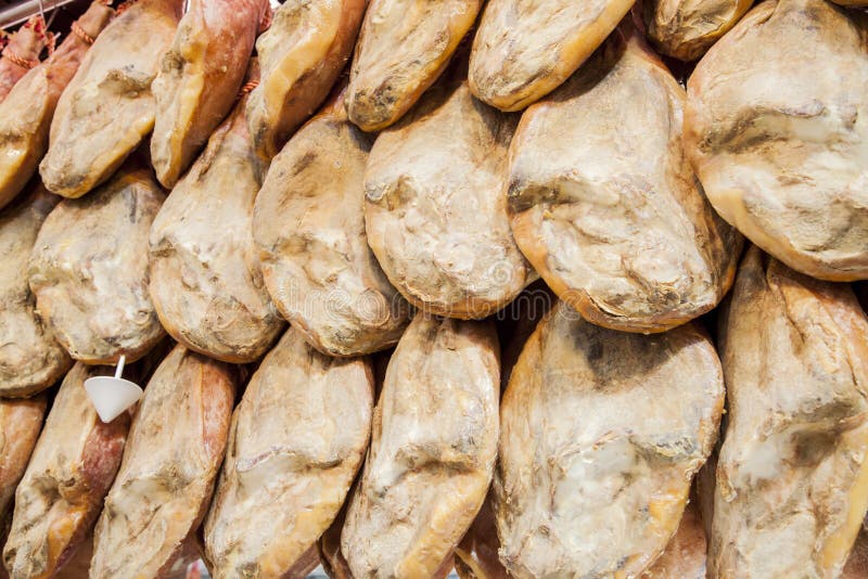Dry Serrano Ham Hung in Rows Stock Photo - Image of natural, closeup ...