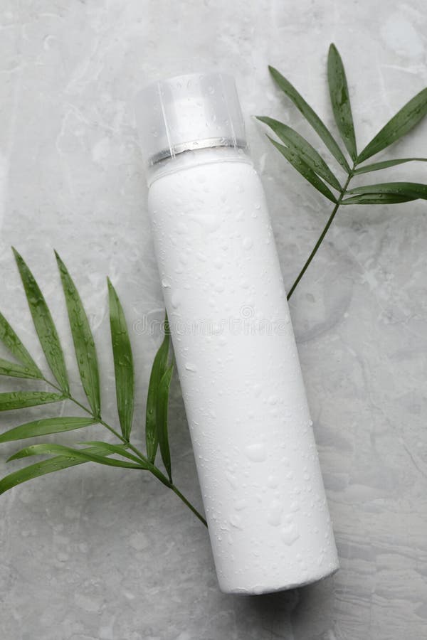 Dry Shampoo Spray and Green Leaves on Light Grey Table, Flat Lay Stock ...