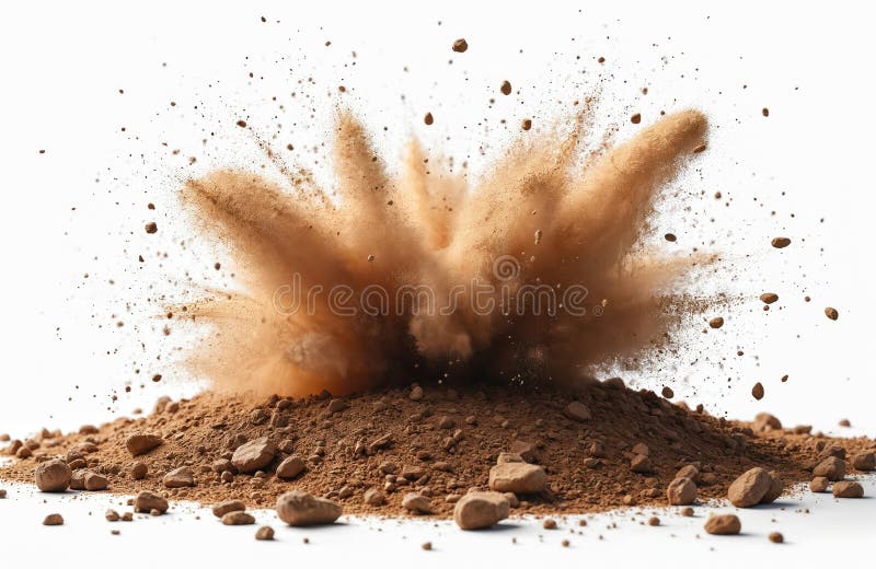 Dry Soil Explosion on White. Brown Dust Cloud Burst in Air. Abstract ...