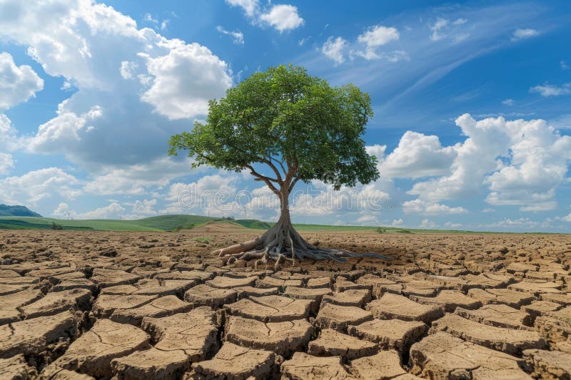 Dry Soil with Green Tree Landscape, Concept of Drought, Global Warming ...
