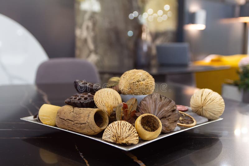 Dry Sycamore Tree Seed Balls on a Plate As Decoration Stock Image ...