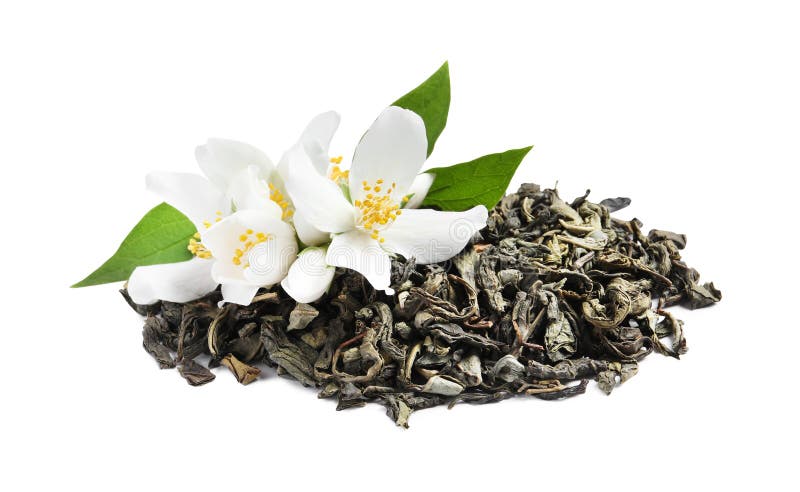 Dry Tea Leaves and Fresh Jasmine Flowers on White Background Stock ...