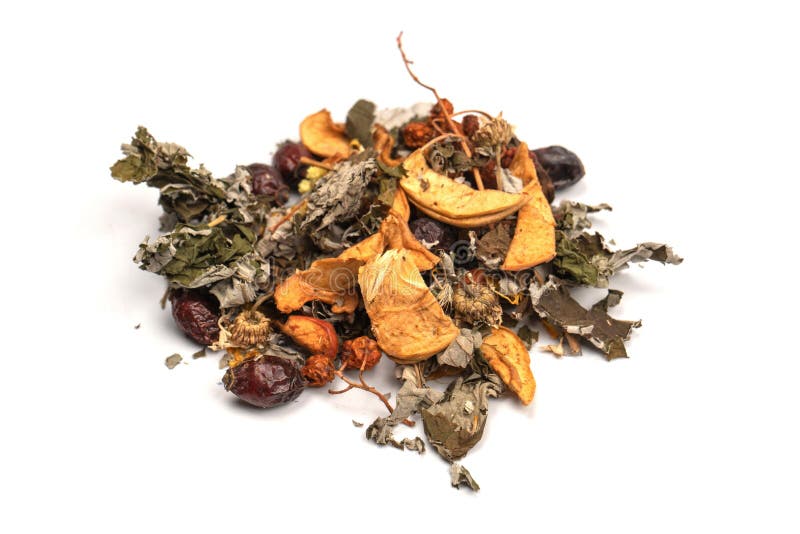 Dry Tea Leaves and Dry Fruit Isolated on White Background Stock Image ...