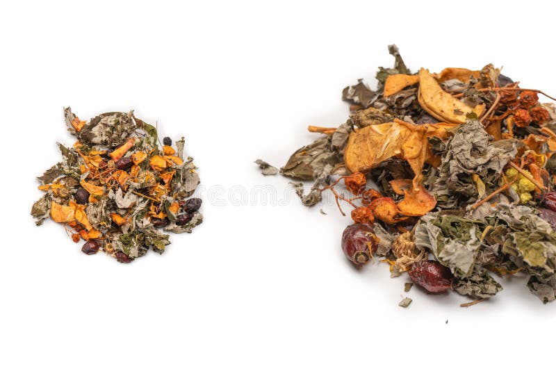 Dry Tea Leaves and Dry Fruit Isolated on White Background Stock Image ...