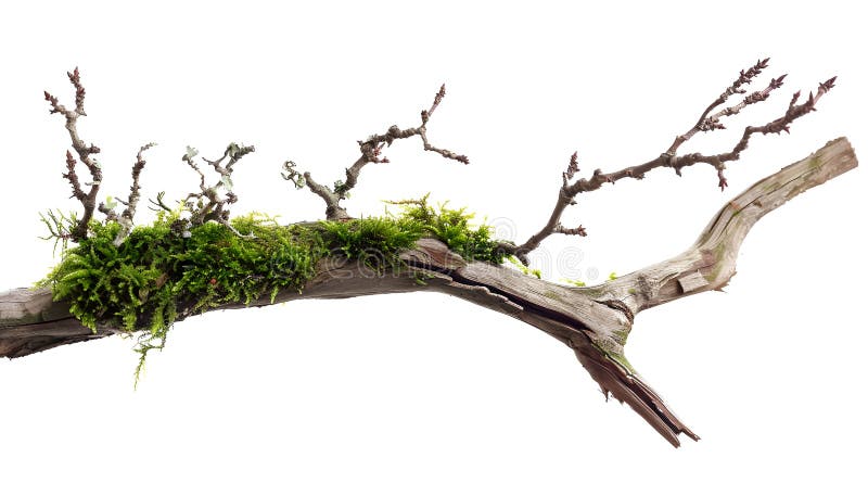 Dry Tree Branch with Moss Isolated on White Stock Photo - Image of ...