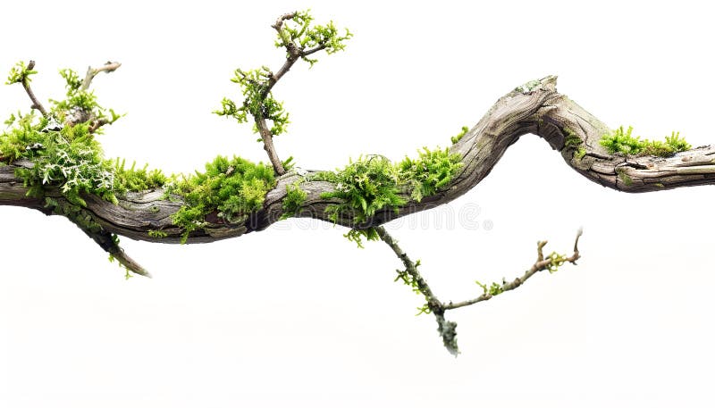 Dry Tree Branch with Moss Isolated on White Stock Photo - Image of leaf ...