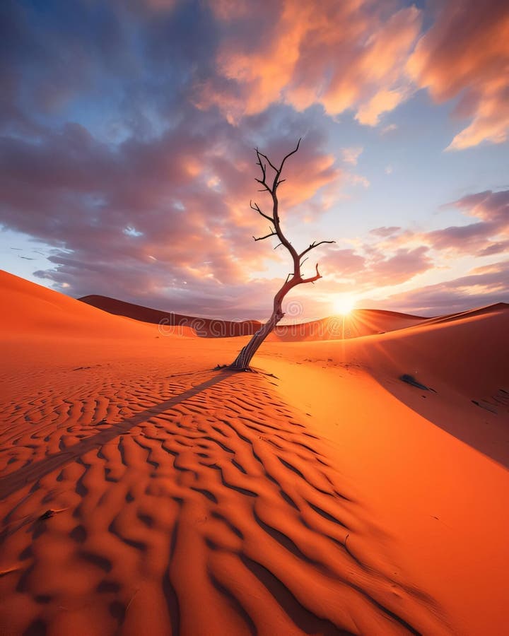 Dry Tree in the Desert at Sunset Stock Illustration - Illustration of ...